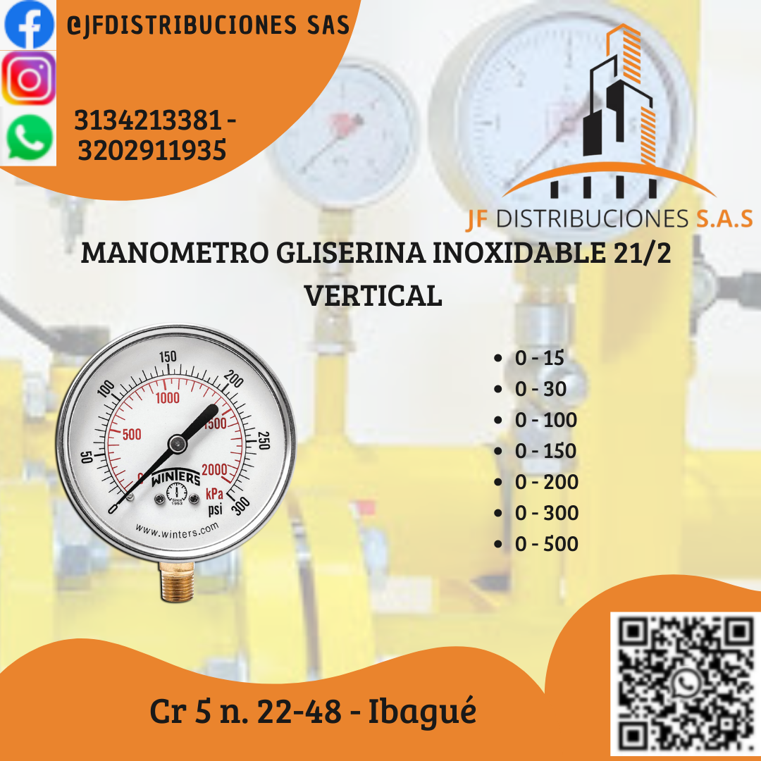 MANÓMETRO GLICERINA DE 0-300 DE 21/2*1/4 - Negos